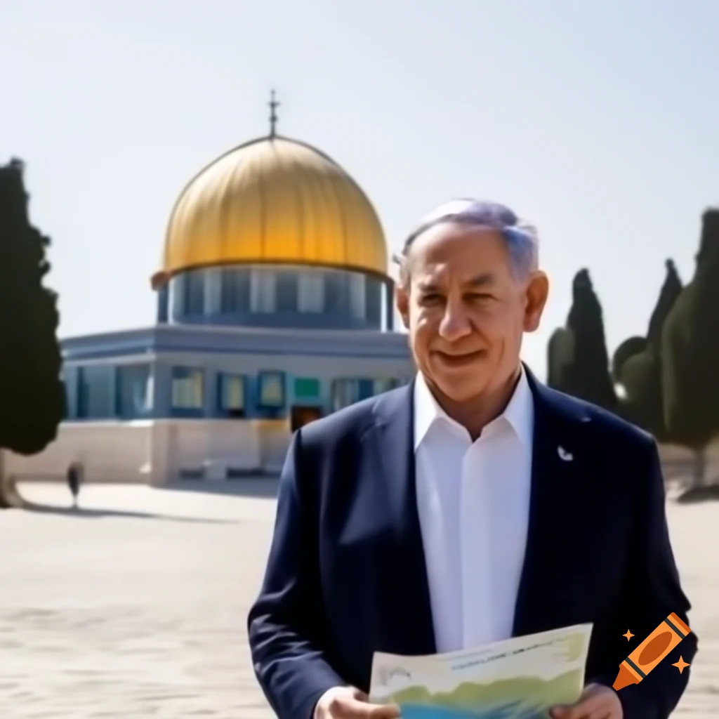 Political scene with Benjamin Netanyahu by Al Aqsa Mosque and Donald ...