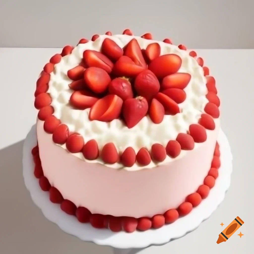 Round strawberry cream cake with strawberries on top and white cream ...