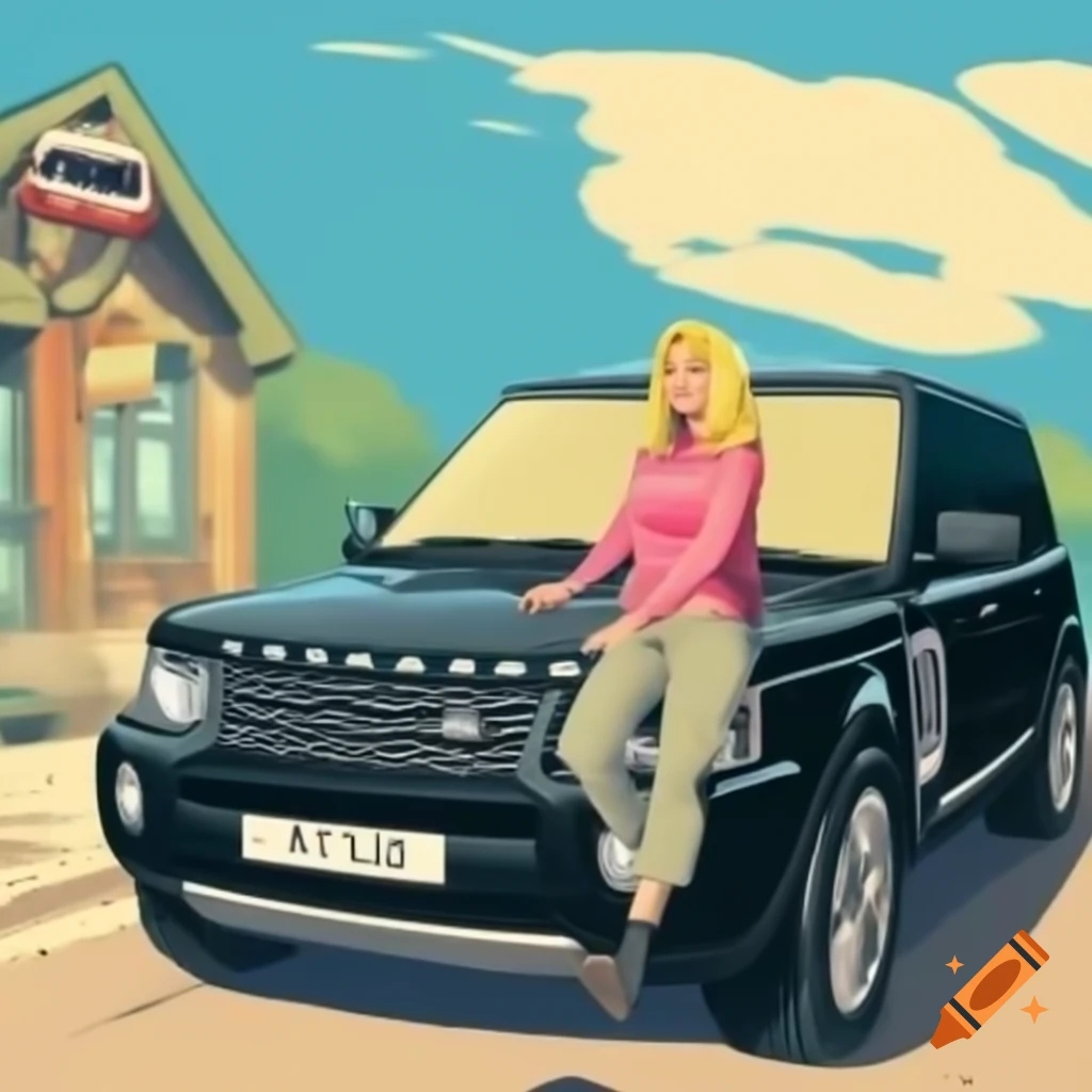 Happy blonde woman beside a Range Rover Freelander in comic style on ...