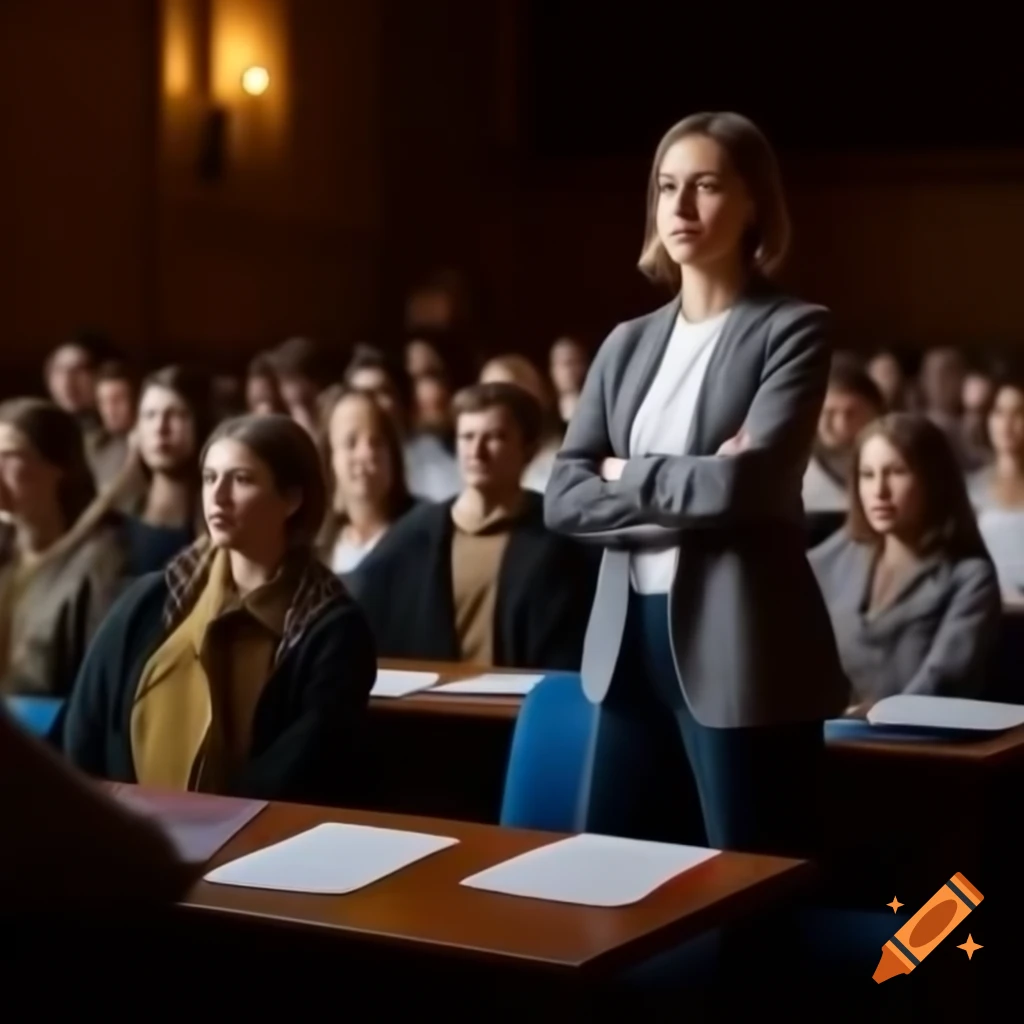 University lecture hall with students, speaker in blazer, audience ...