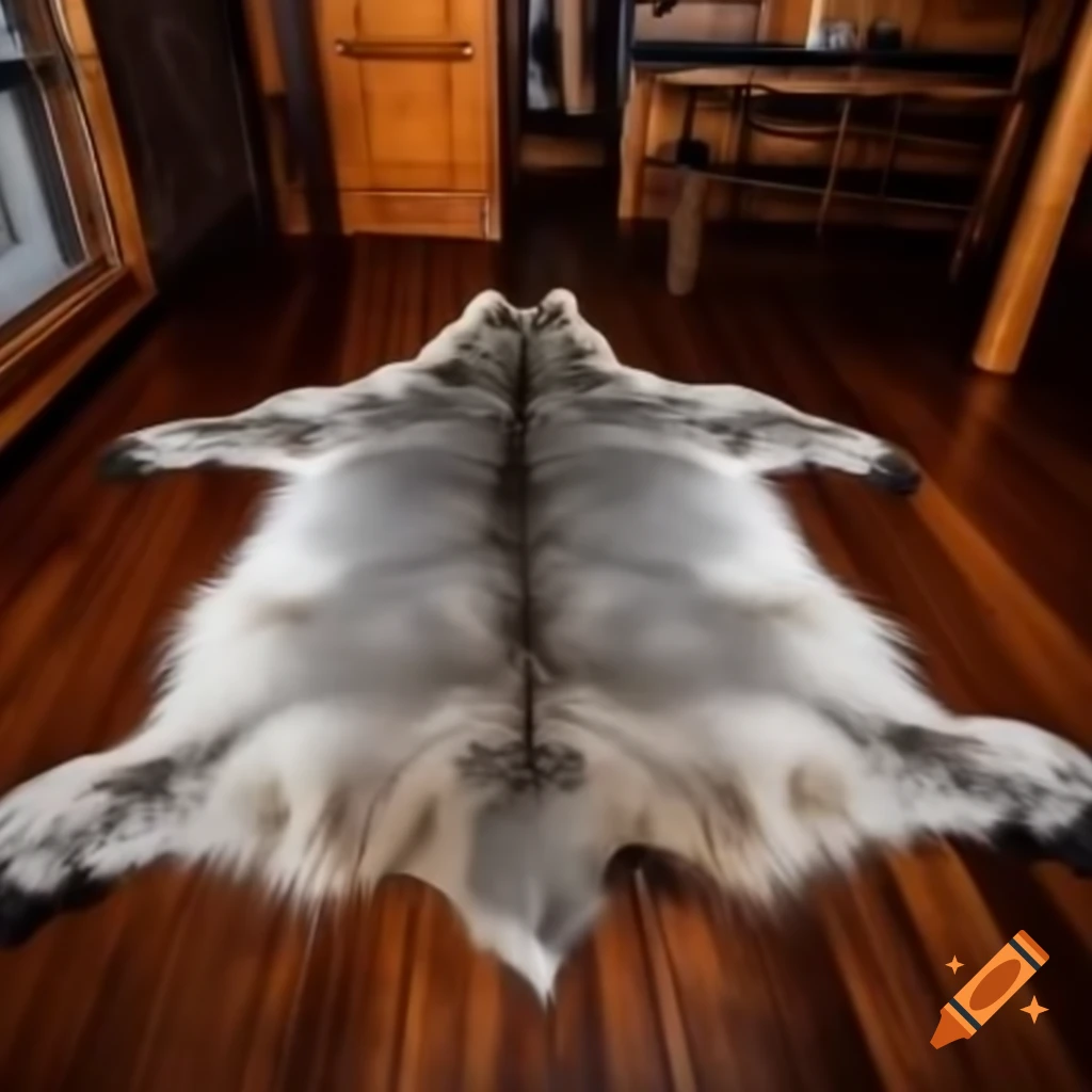 Silver-grey werewolf pelt spread out on cabin floor on Craiyon