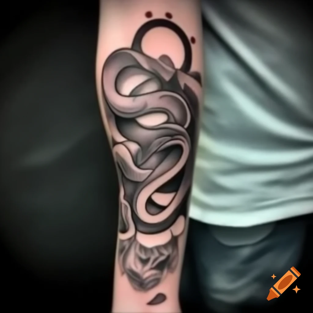 Hyper-detailed black and white tattoo design of a snake wrapping around ...