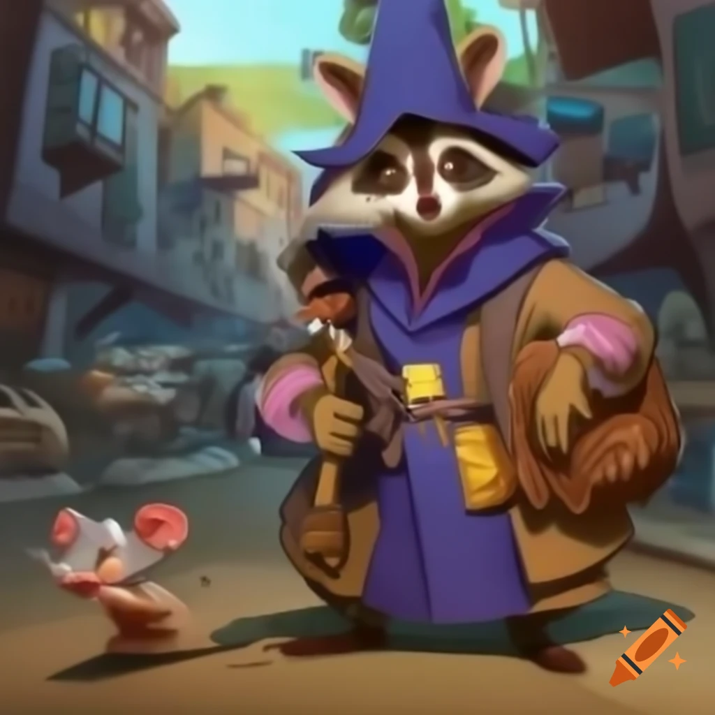 Raccoon wizard and rat familiar with tiny hats walking in busy town ...