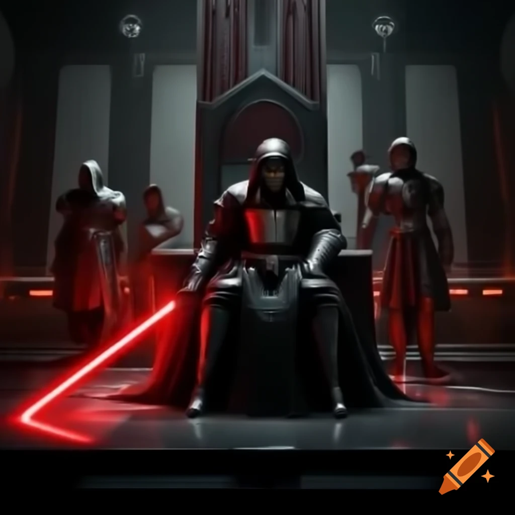 Sith man in full armor wielding red lightsaber in imperial throne room ...