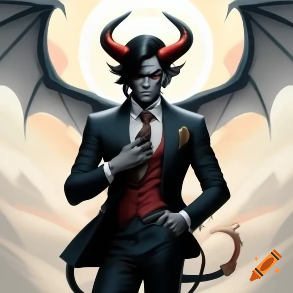 Devil in suit with angel wings holding revolver with magic circle on ...