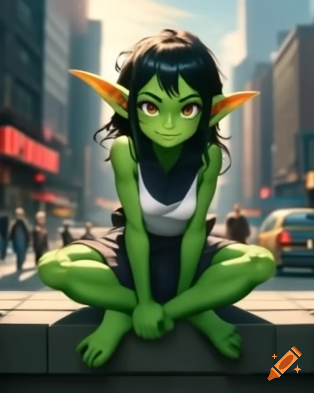 Energetic green-skinned goblin girl sitting on wall in crowded city ...