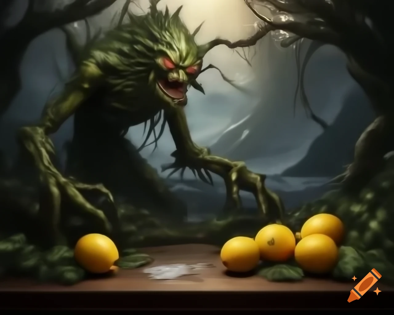 Hyper-realistic close-up of a mutant lemon fruit tree monster on Craiyon