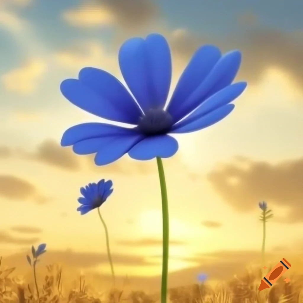 Blue flower with three petals blooming under golden sky, symbolizing self-fulfillment on Craiyon