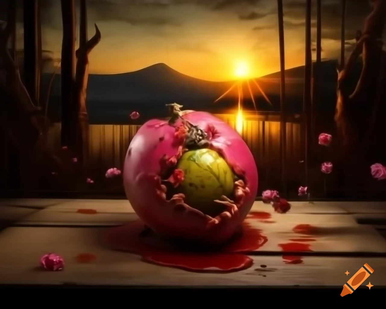 Mutant lemon fruit tree monster on wooden table in golden-hour forest ...