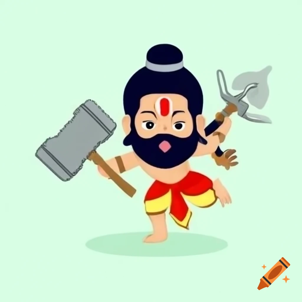 Colorful Hindu warrior cartoon swinging large hammer with Bollywood ...