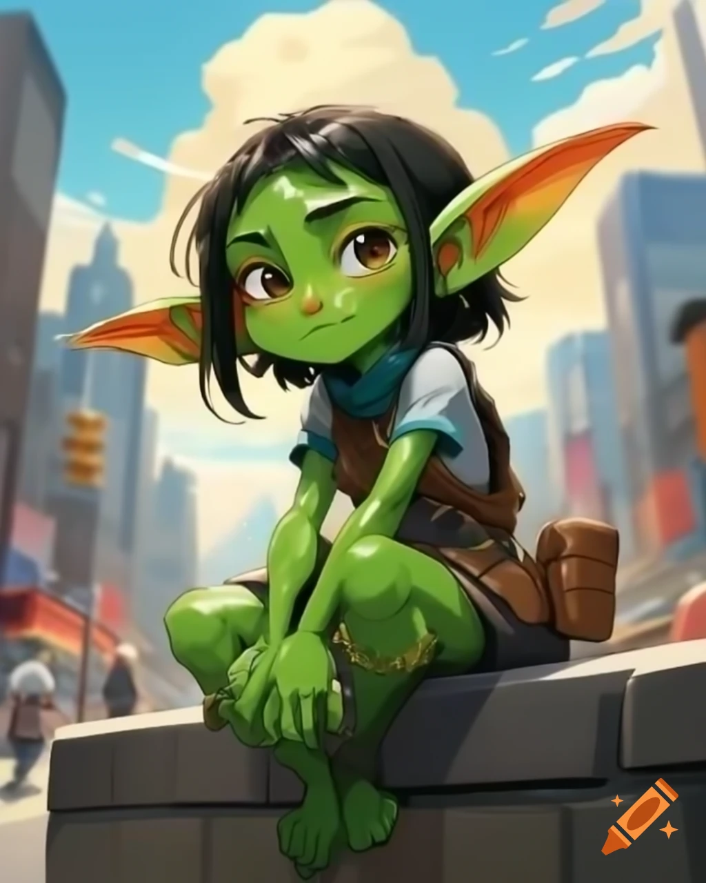 Energetic green-skinned goblin girl sitting on wall in busy city on Craiyon