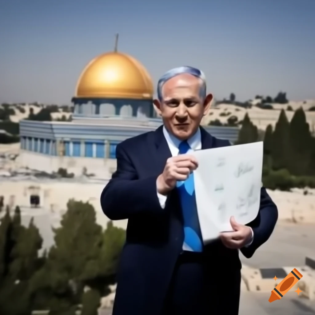 Political scene with Benjamin Netanyahu by Al Aqsa Mosque and Donald ...