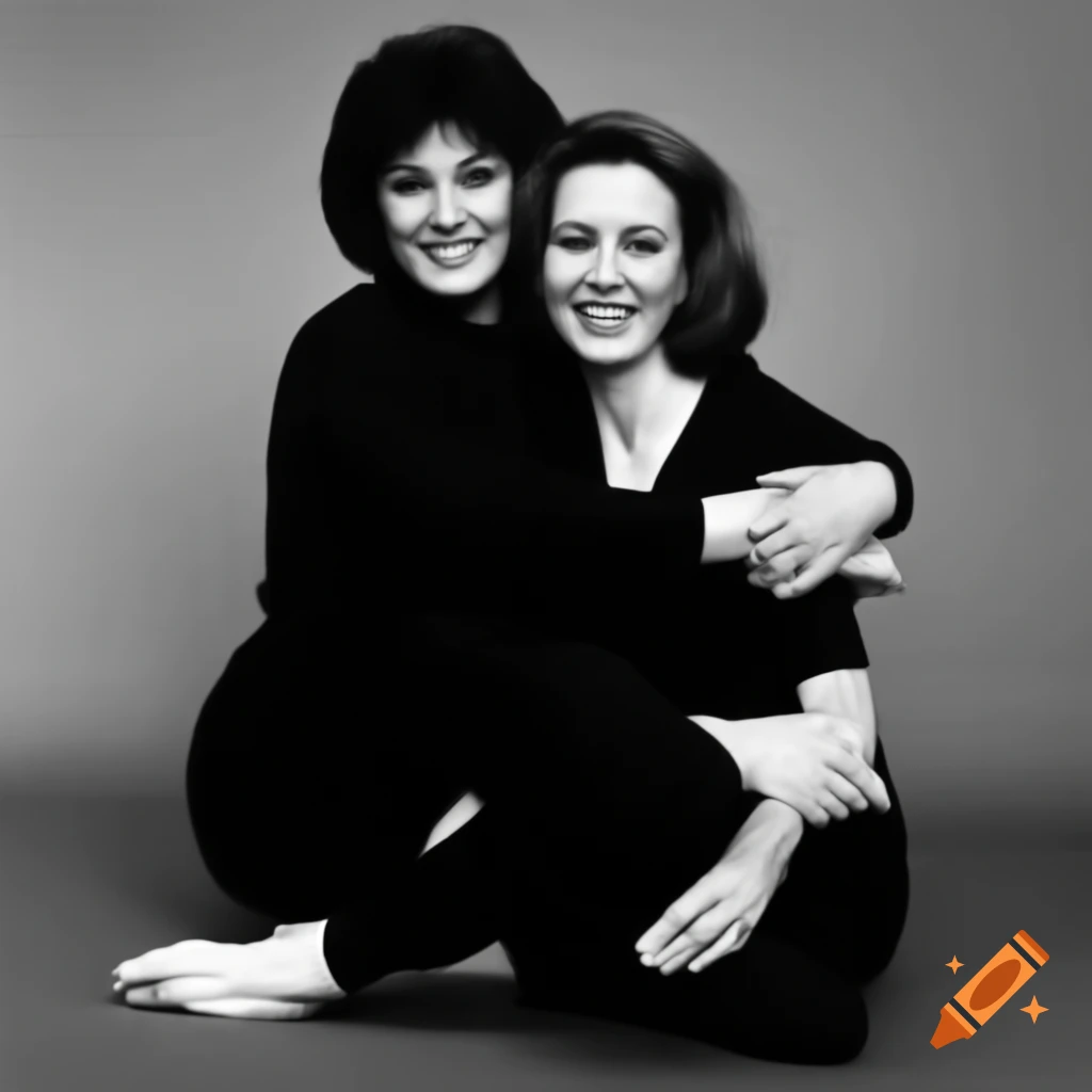 Retro yoga instructors embracing for promotional photo, 1986 on Craiyon