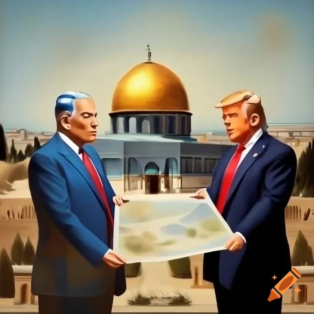 Imagined scene of leaders before Al-Aqsa Mosque with map in hand on Craiyon