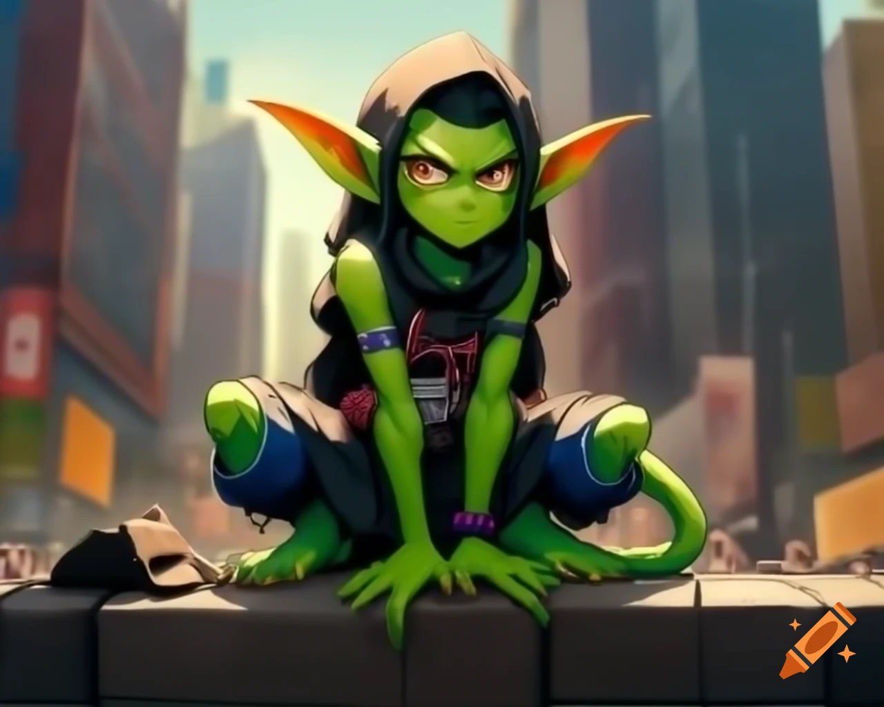 Energetic green-skinned goblin girl sitting on wall in crowded city ...