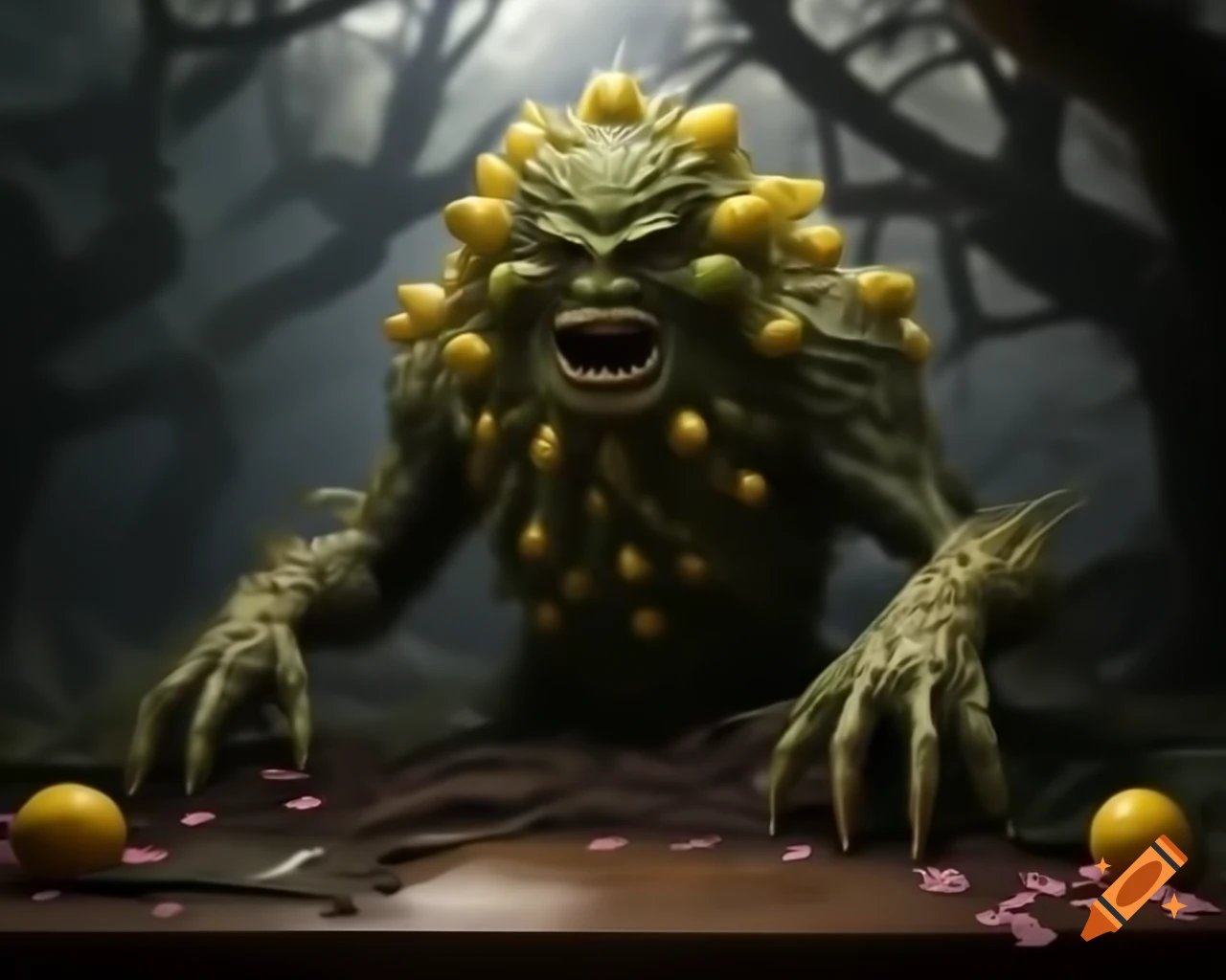 Hyper-realistic close-up of a decaying lemon tree monster on Craiyon