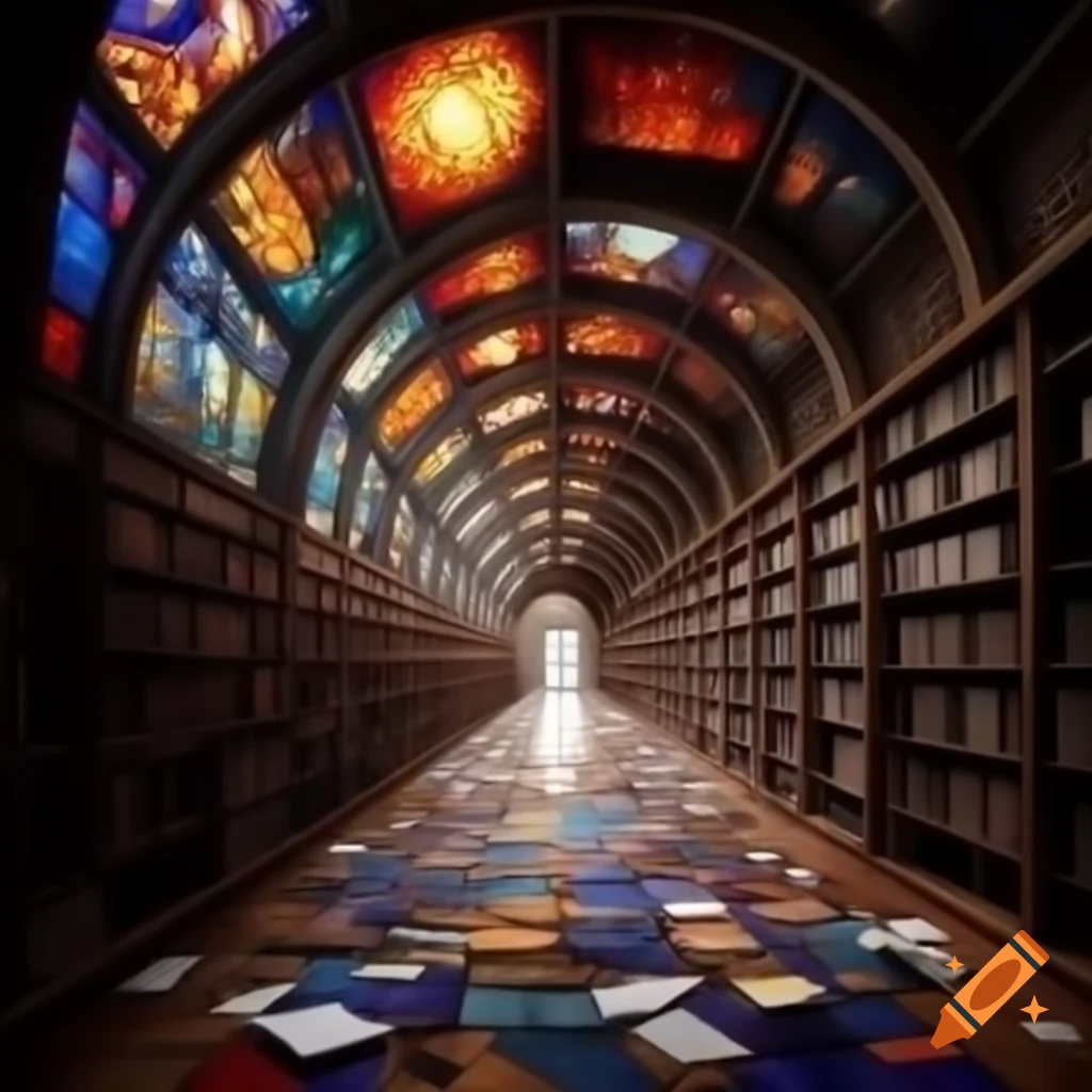 Stained glass hallway in the cosmos with endless bookshelves and ...