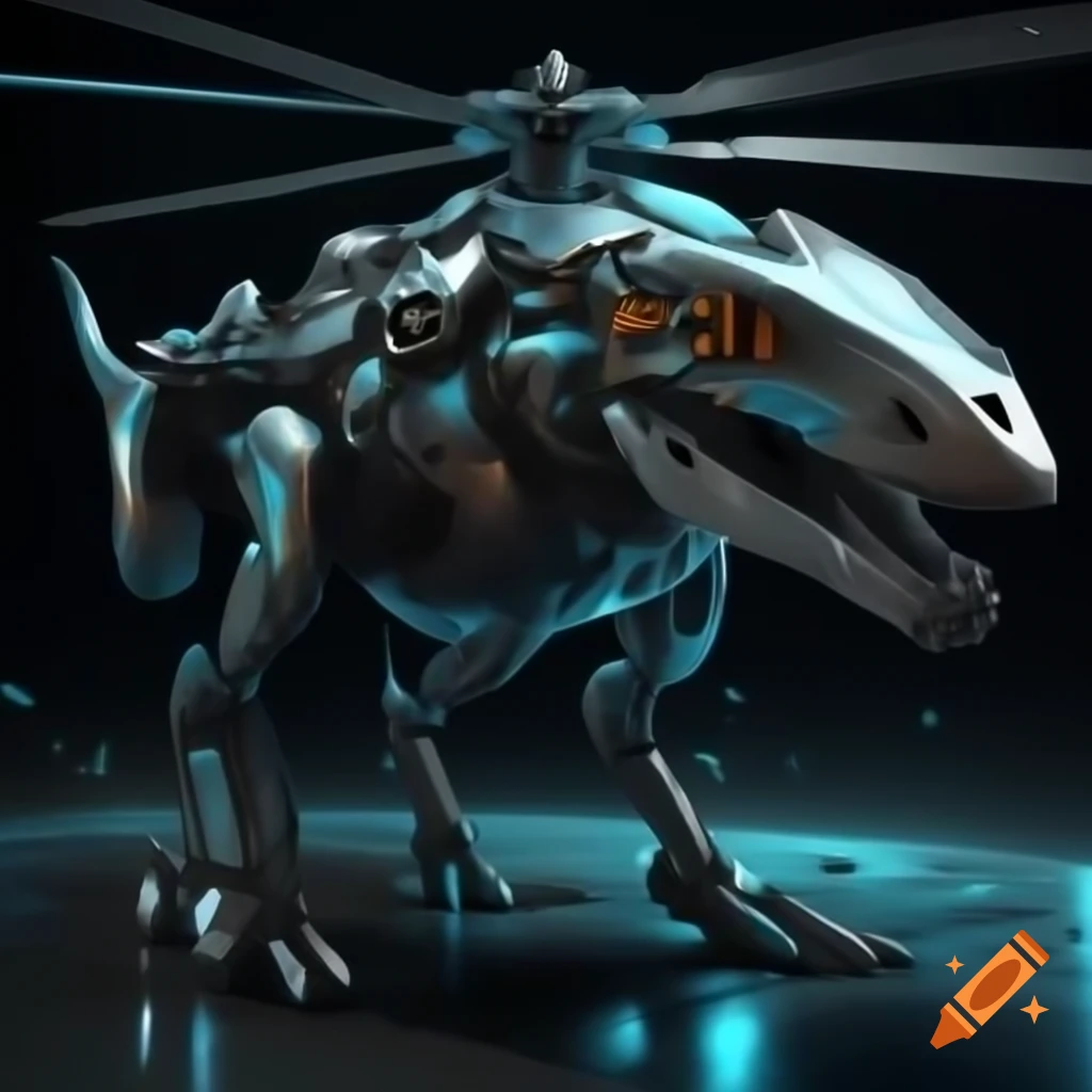 Futuristic hybrid creature combining velociraptor and helicopter ...