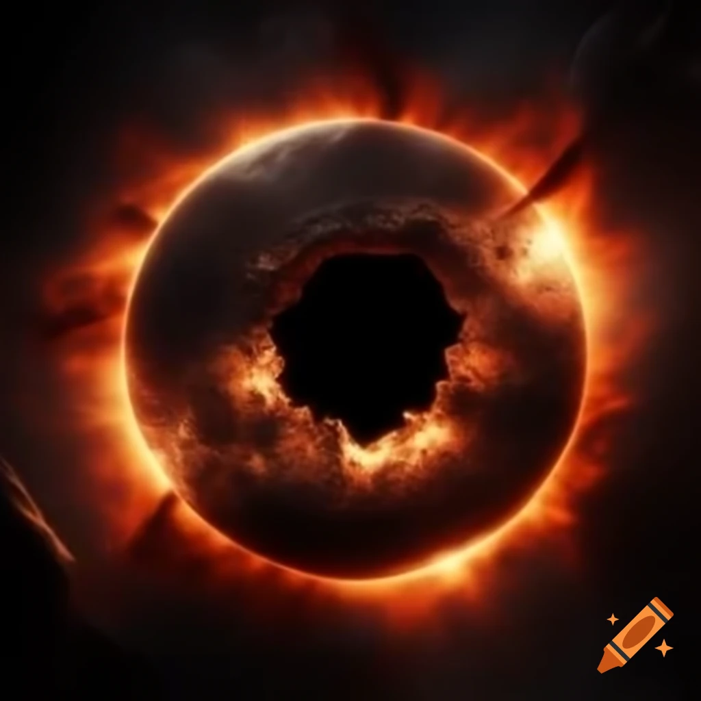 Dark sun with black hole and glowing red edges in apocalyptic style on ...