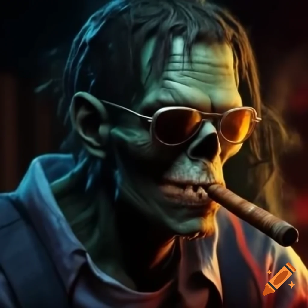 Zombie character wearing sunglasses and smoking a cigar on Craiyon
