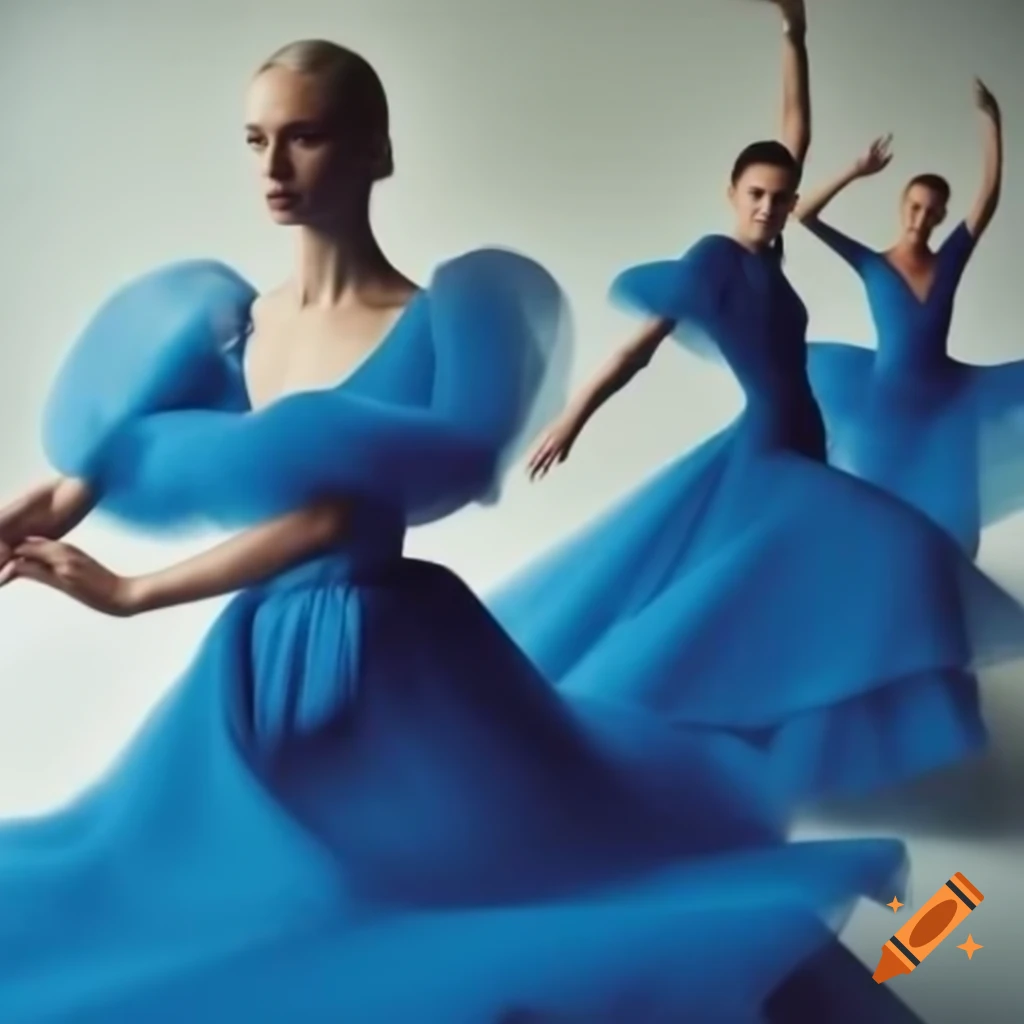 Haute couture Yves Klein blue dresses worn by blonde supermodel dancers ...