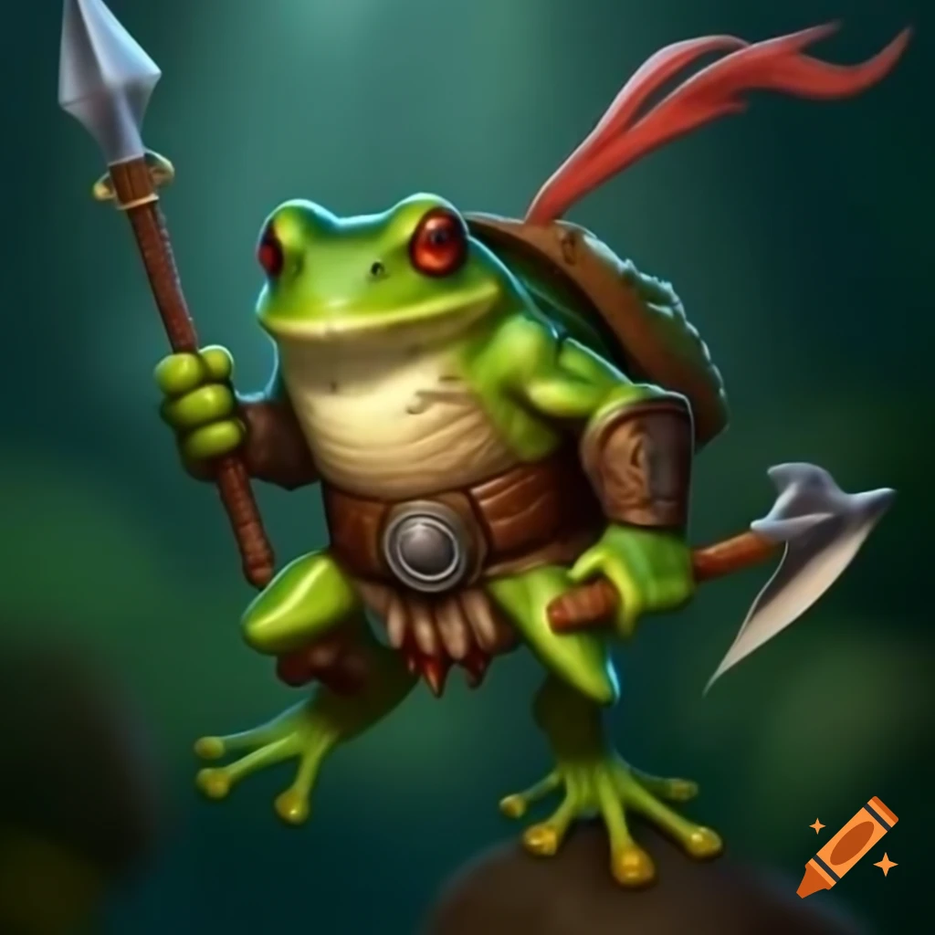 Frog barbarian thunderlord with spear in mid-jump on Craiyon