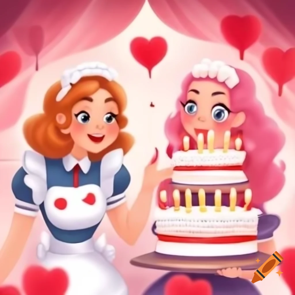 Cartoon birthday card featuring pink-haired maid and ginger-haired lady ...