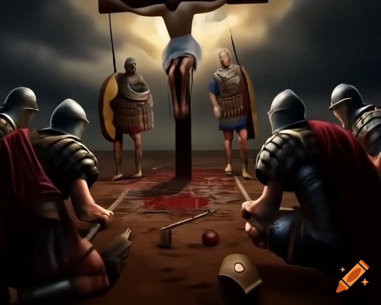 Roman soldiers casting lots at the foot of the cross under dark stormy ...