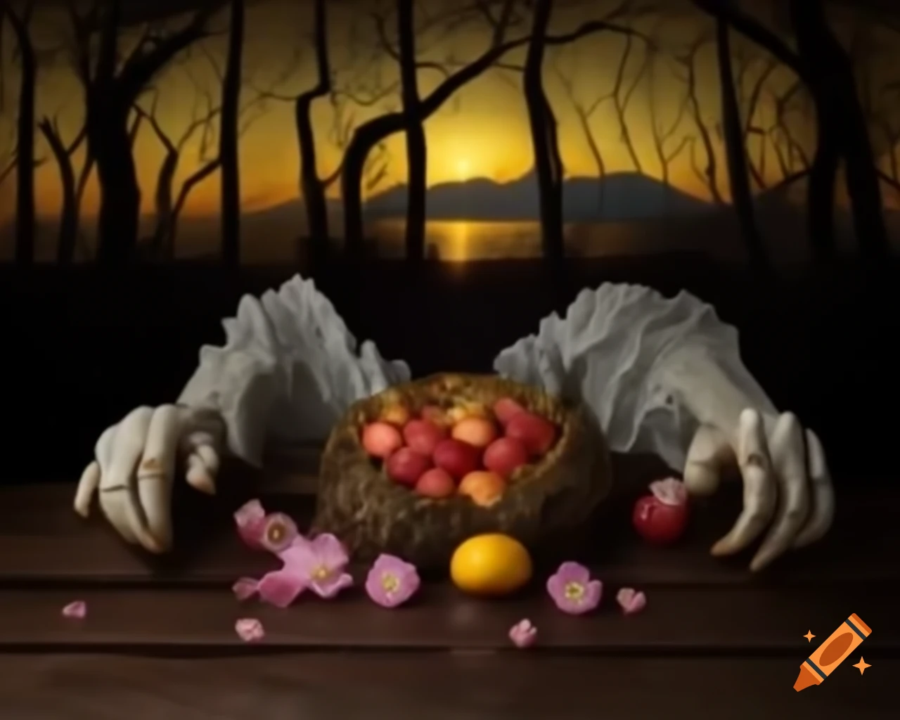Hyper-realistic mutant lemon fruit tree monster on wooden table, creepy ...