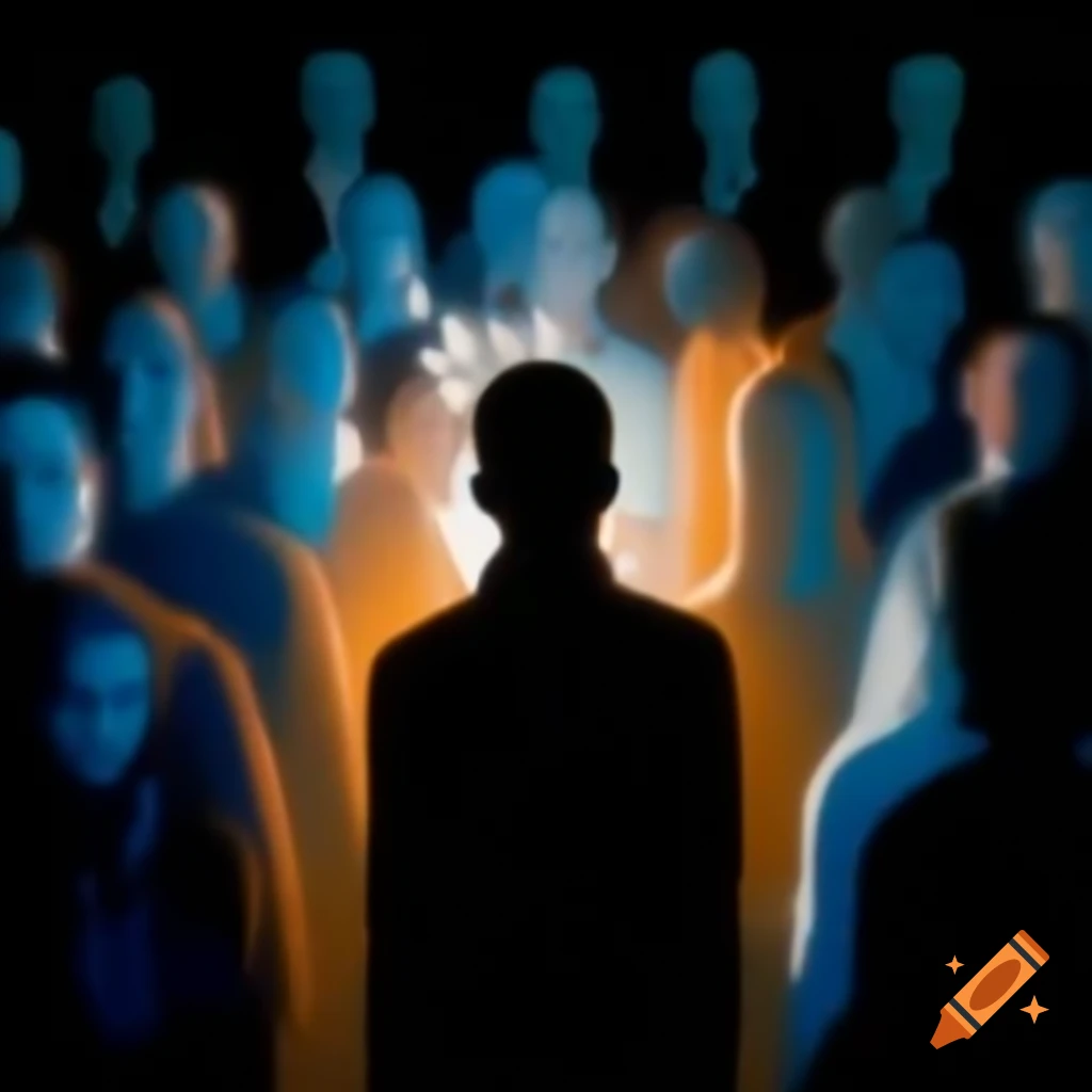 Silhouetted black figure among colorful crowd, with one figure faded on ...