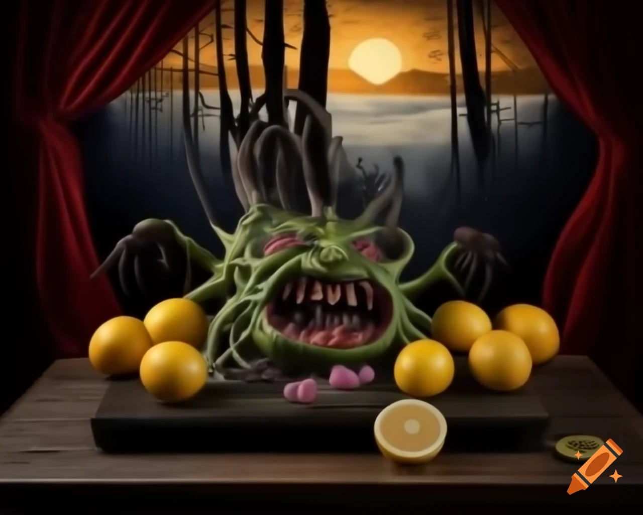 Hyper-realistic mutant lemon fruit tree monster on wooden table, creepy ...