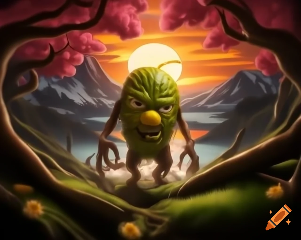 Hyper-realistic close-up of a mutant lemon fruit monster in a grotesque ...