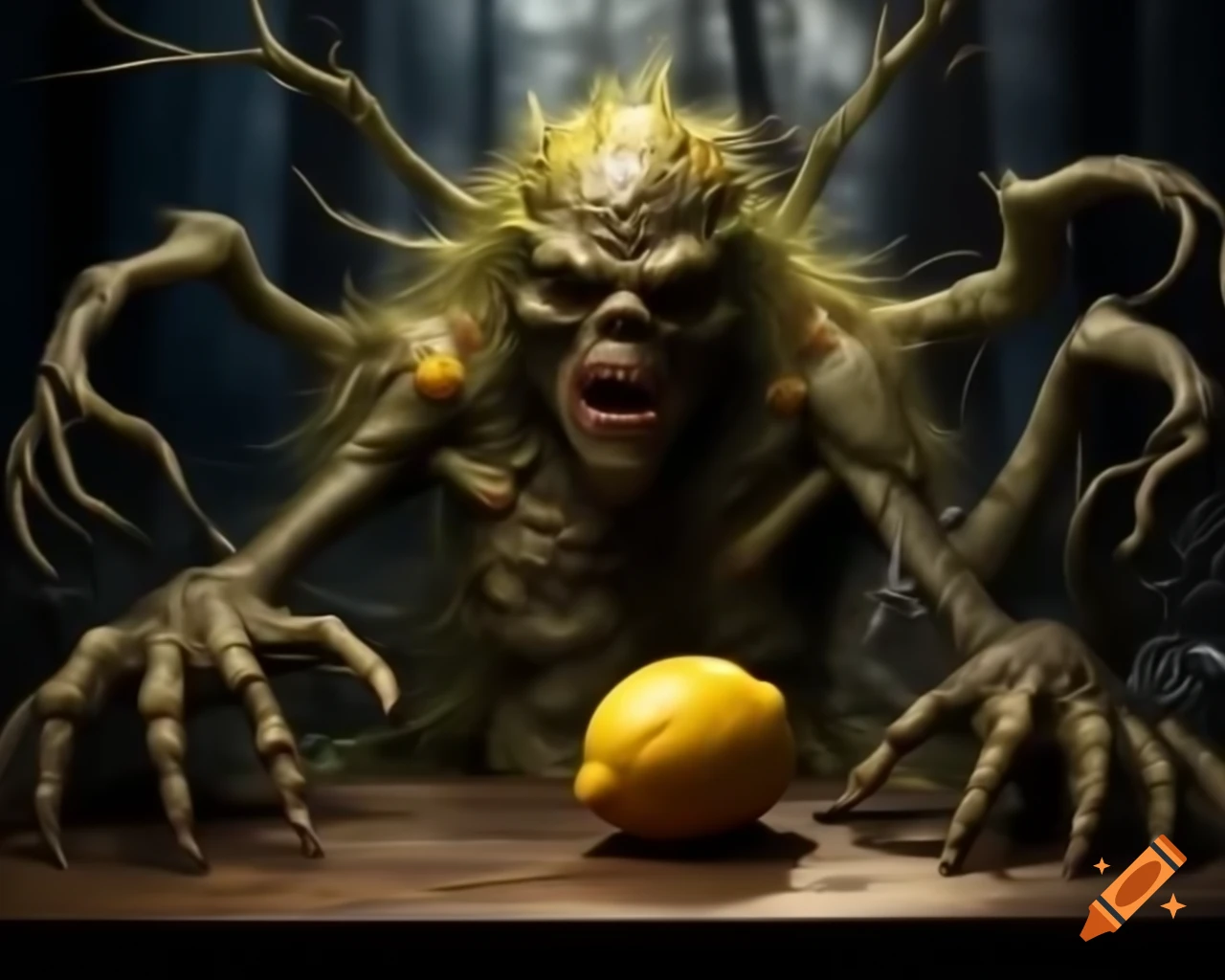 Hyper-realistic close-up of a mutant lemon fruit monster from Omega ...