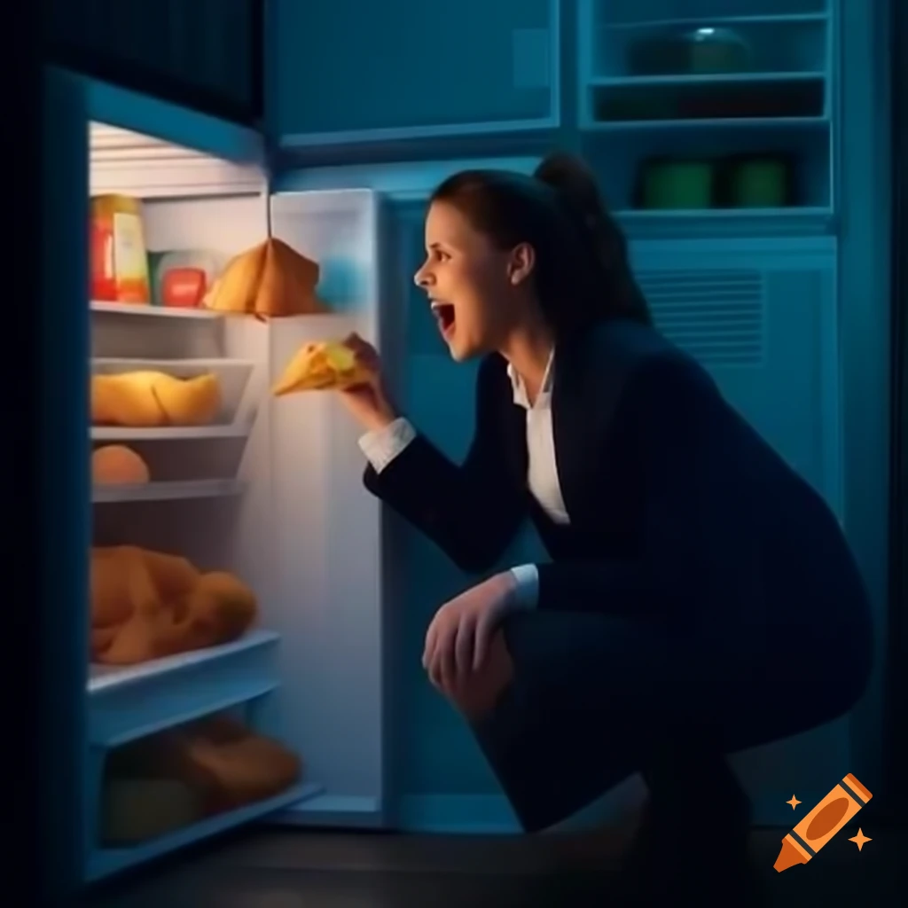 Woman in night suit raiding fridge at 3 AM, surrounded by junk food on ...