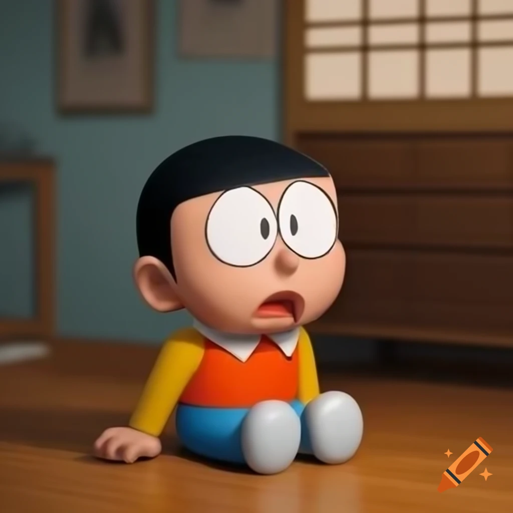 Nobita sitting on floor in Japanese bedroom, looking sad with Doraemon ...