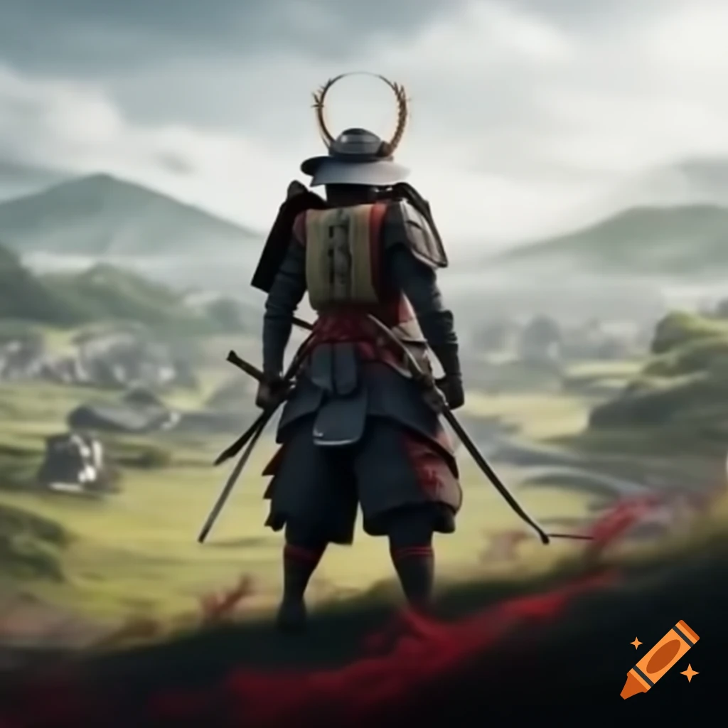 Samurai standing on hill overlooking landscape, protecting village on ...