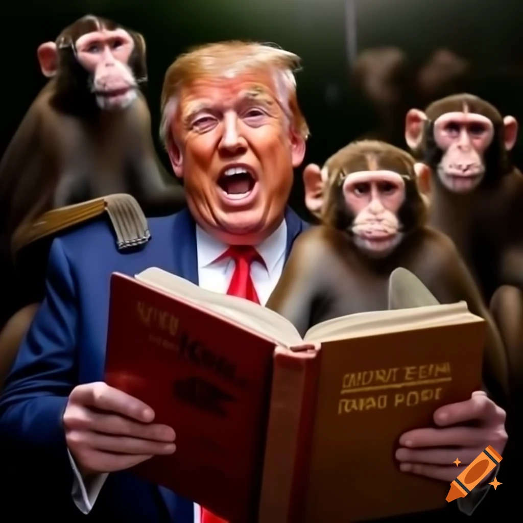 Donald Trump and Elon Musk in monkey costumes celebrating with monkeys ...
