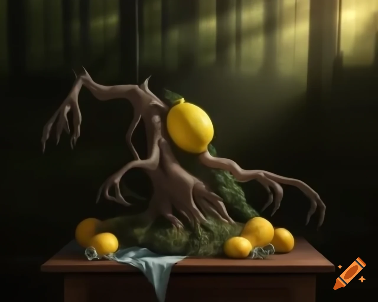 Hyper-realistic close-up of a mutant lemon fruit tree monster on Craiyon