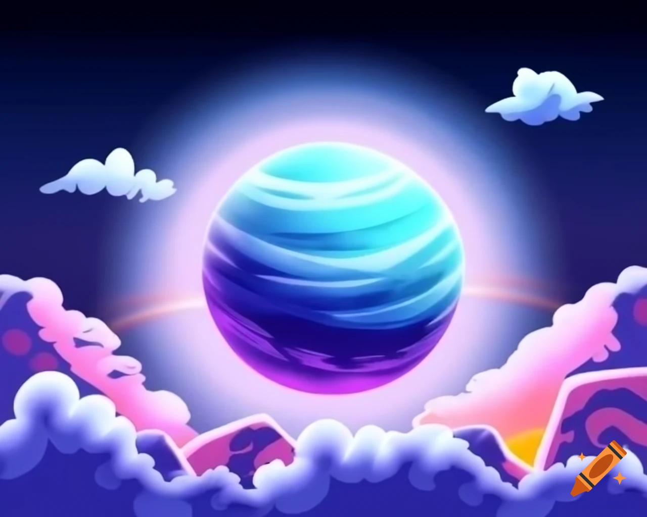 Dreamy planet with fluffy clouds and rainbow rocks on Craiyon