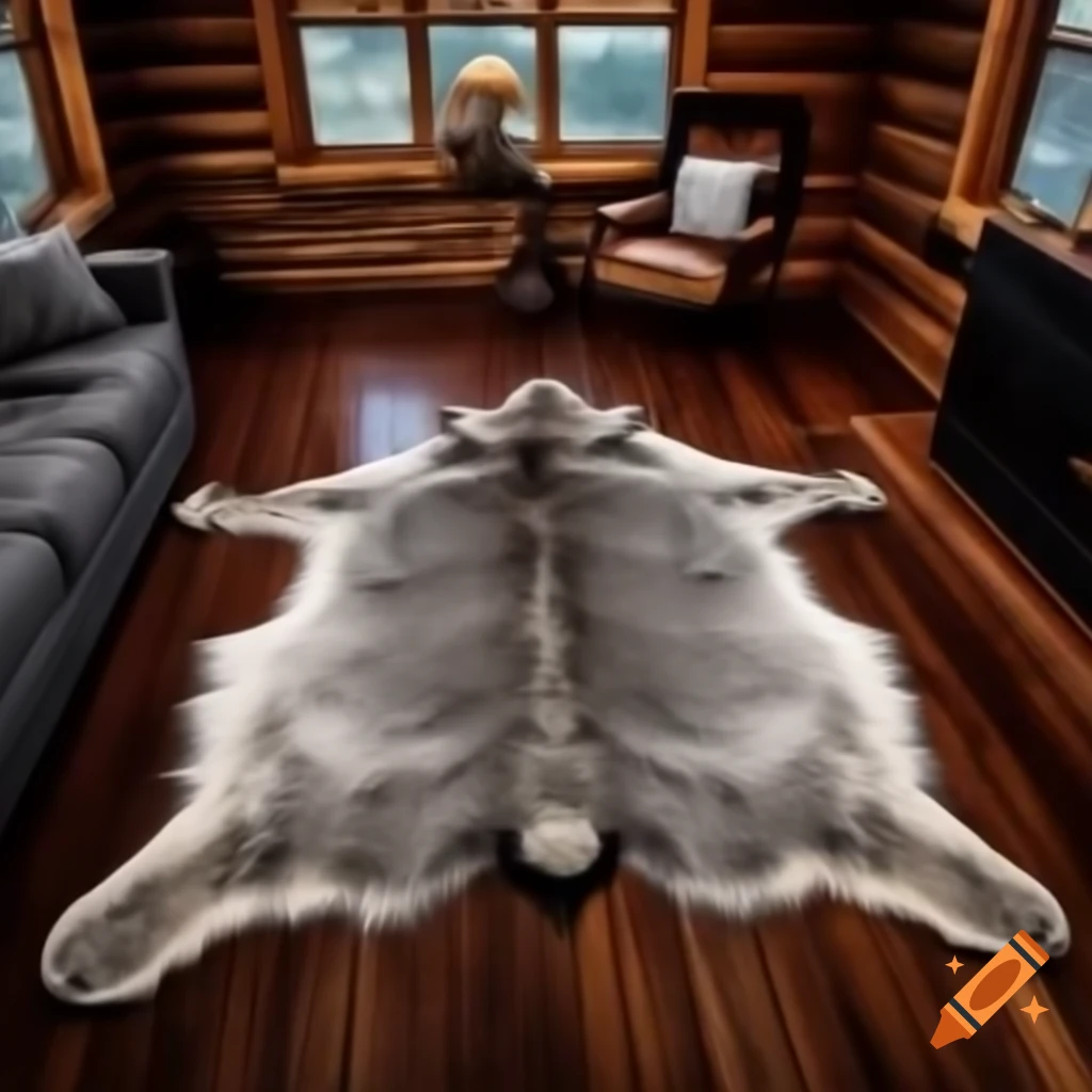 Grey werewolf pelt spread out on the floor of a cozy cabin, overhead ...