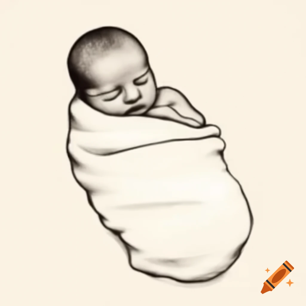 Colorless drawing of a sleeping baby wrapped in swaddle on Craiyon