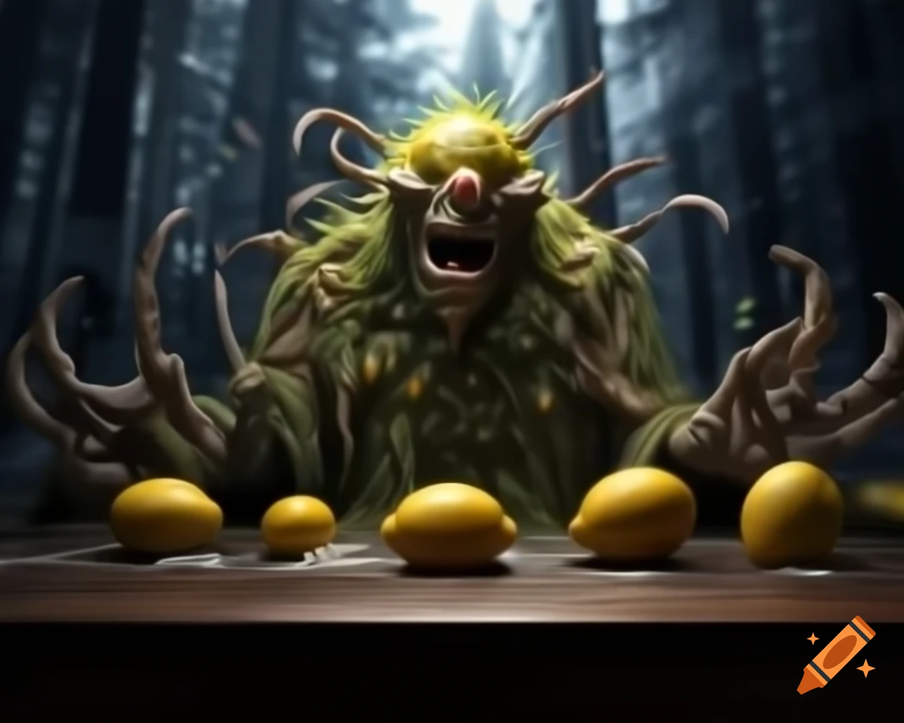 Hyper realistic close-up of a mutant lemon fruit monster from Omega ...