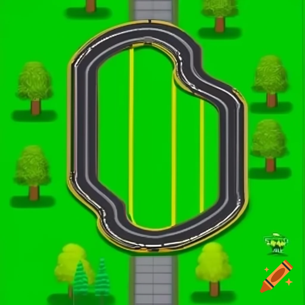 Top-down view of pixelated race track with green surroundings on Craiyon