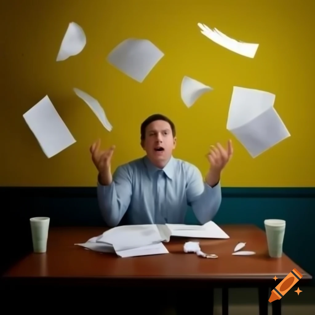 Frustrated man throwing papers in a room with yellow walls on Craiyon