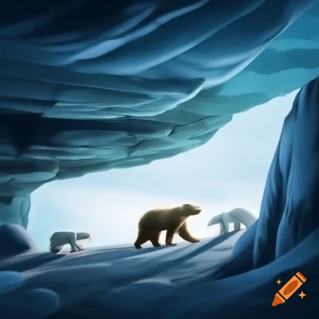 Polar bear approaching cave with playful cubs inside on Craiyon
