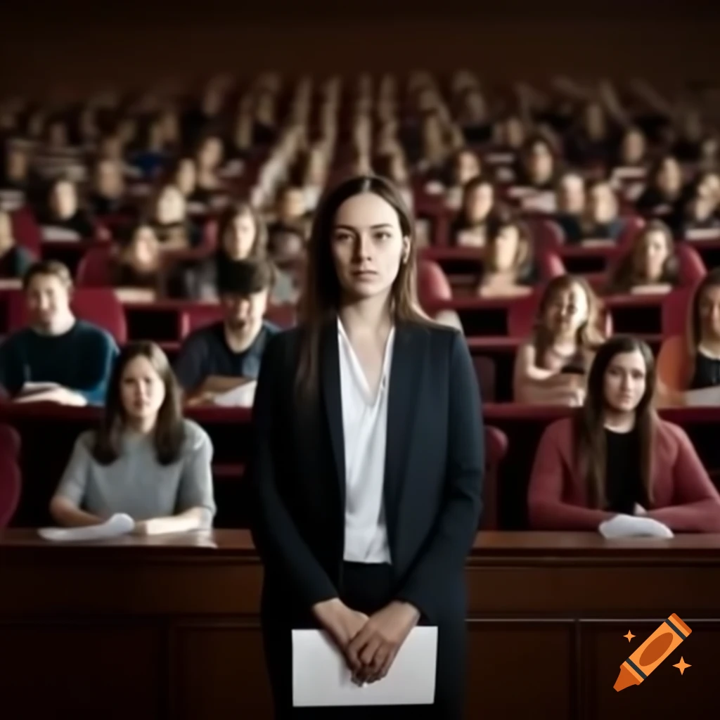 University lecture hall with students, speaker in blazer, audience ...
