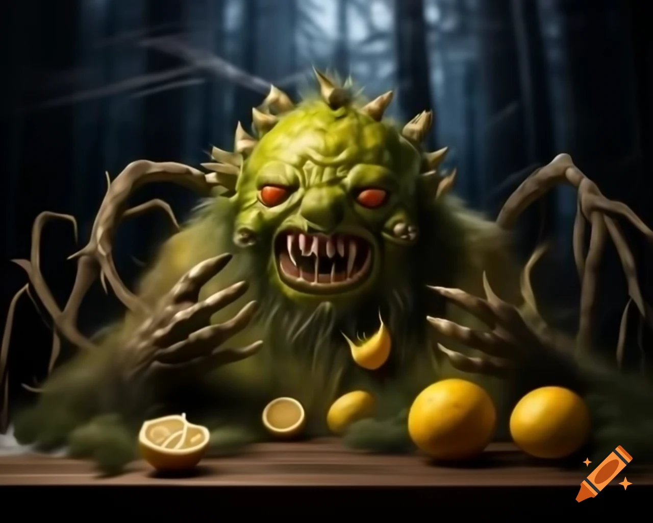 Hyper-realistic close-up of a mutant lemon fruit monster from Omega ...