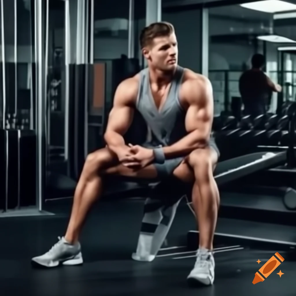 Fit man in athletic wear sitting on gym bench, looking contemplative on ...
