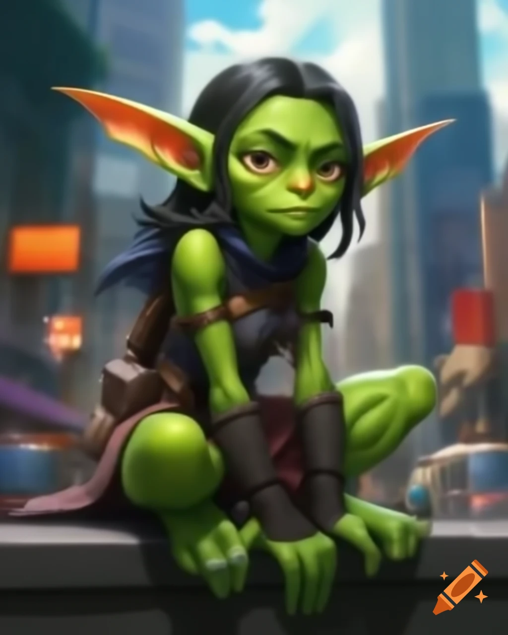 Energetic green-skinned goblin girl sitting on wall in crowded city ...