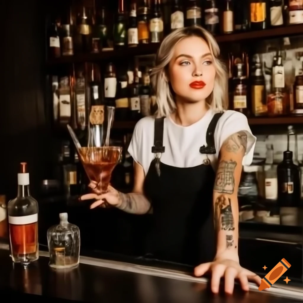 Cute bartender with tattoos in biker bar holding whiskey glass on Craiyon